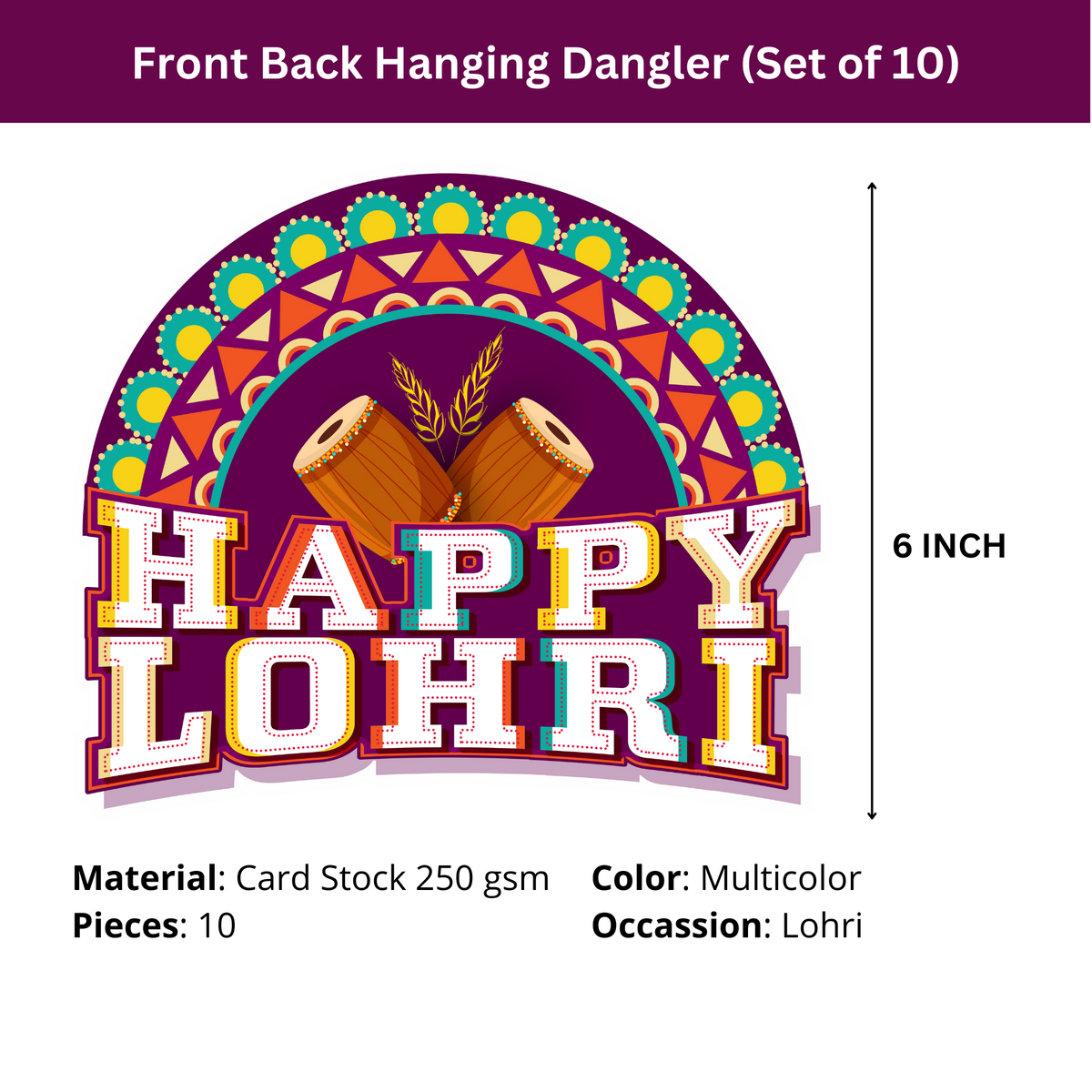 Lohri Dangler/Bunting (6 Inches/250 GSM Cardstock/Multicolor/10 Pieces ...